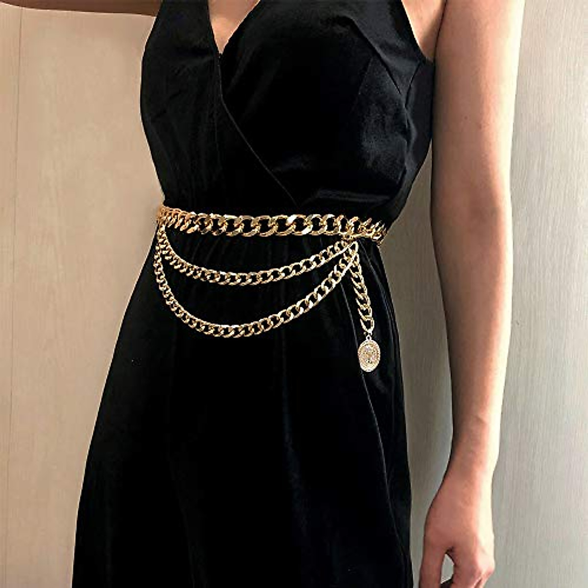 Anglacesmade Bohemain Metal Layered Body Chain Belly Chain Belt with Coin Charm Pendant Chunky Wallet Chain Punk Waist Chain for Women(Gold)