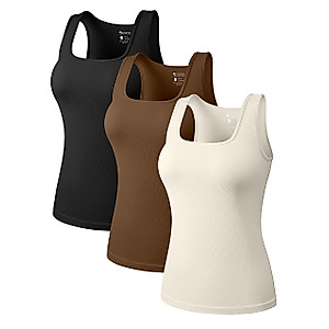 OQQ Women's 3 Piece Tops Square Neck Stretch Fitted Layer Tee Shirts Sleeveless Tank Tops Black Coffee Beige
