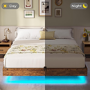 BTHFST Floating Bed Frame Full Size with LED Lights, Industrial Wooden Metal Full Platform Bed, Solid and Stable, Noise Free, No Box Spring Needed, Easy Assembly