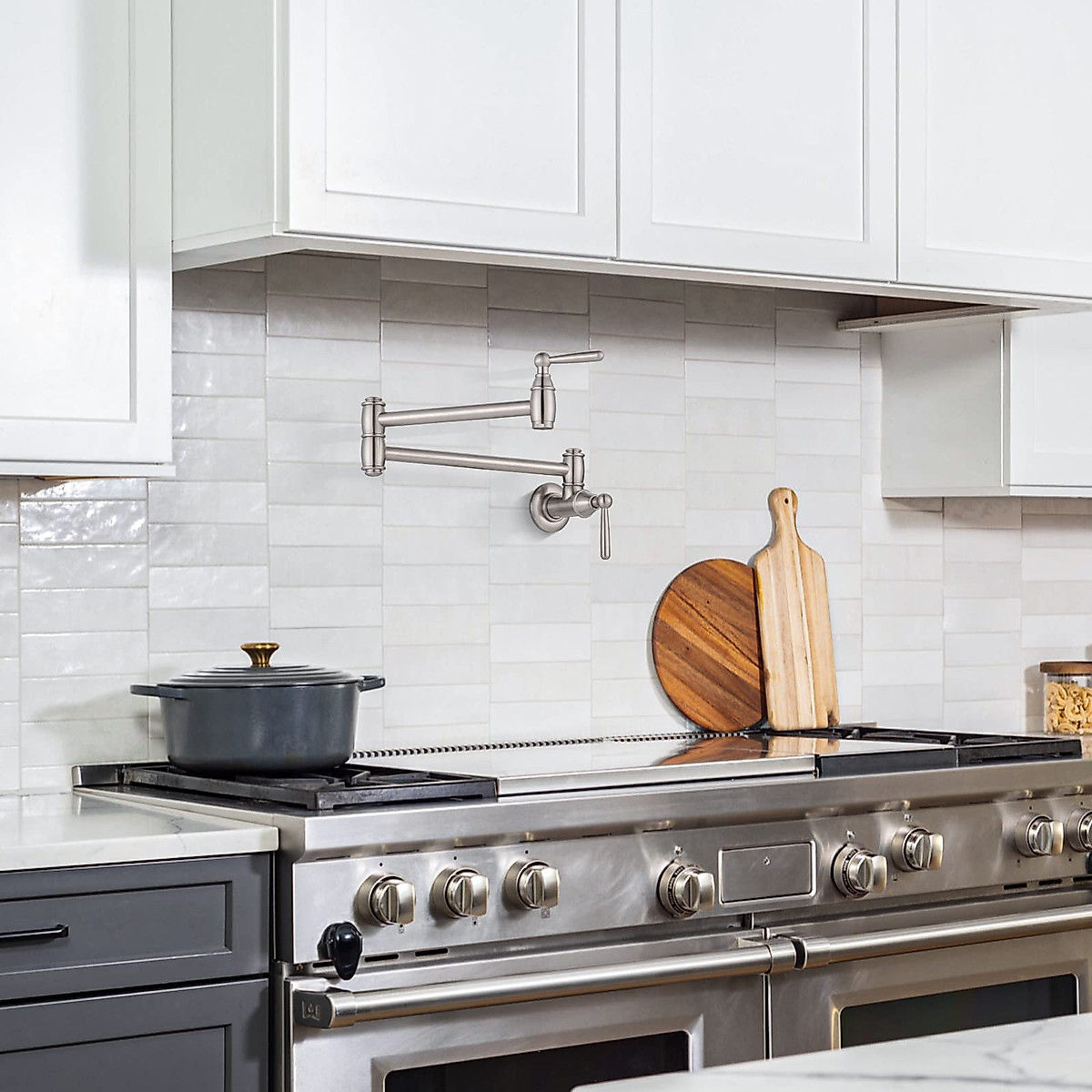 Pot Filler Faucet Brushed Nickel, ARCORA Modern Pot Filler Wall Mount Kitchen Folding Faucet 2 Handle with Double Joint Swing Arms Brass Stove Faucet