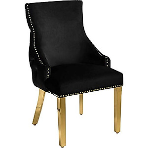 Meridian Furniture Collection Modern | Contemporary Velvet Upholstered Dining Chair with Tufted Back and Gold Sturdy Stainless Steel Legs, Set of 2, 24" W x 25.5" D x 37.5" H, Black