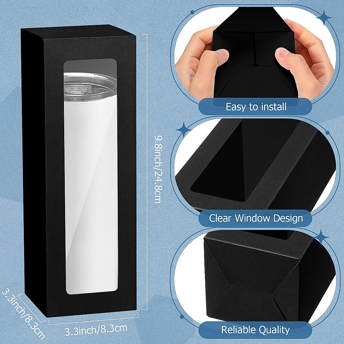 Honoson 24 Pcs Gift Boxes for Sublimation Tumblers Transparent Gift Box with Ribbon for 12oz, 20oz, 30oz Heat Press Sublimation Blanks Skinny Cup for Shipping Gift Wrapping (Black)