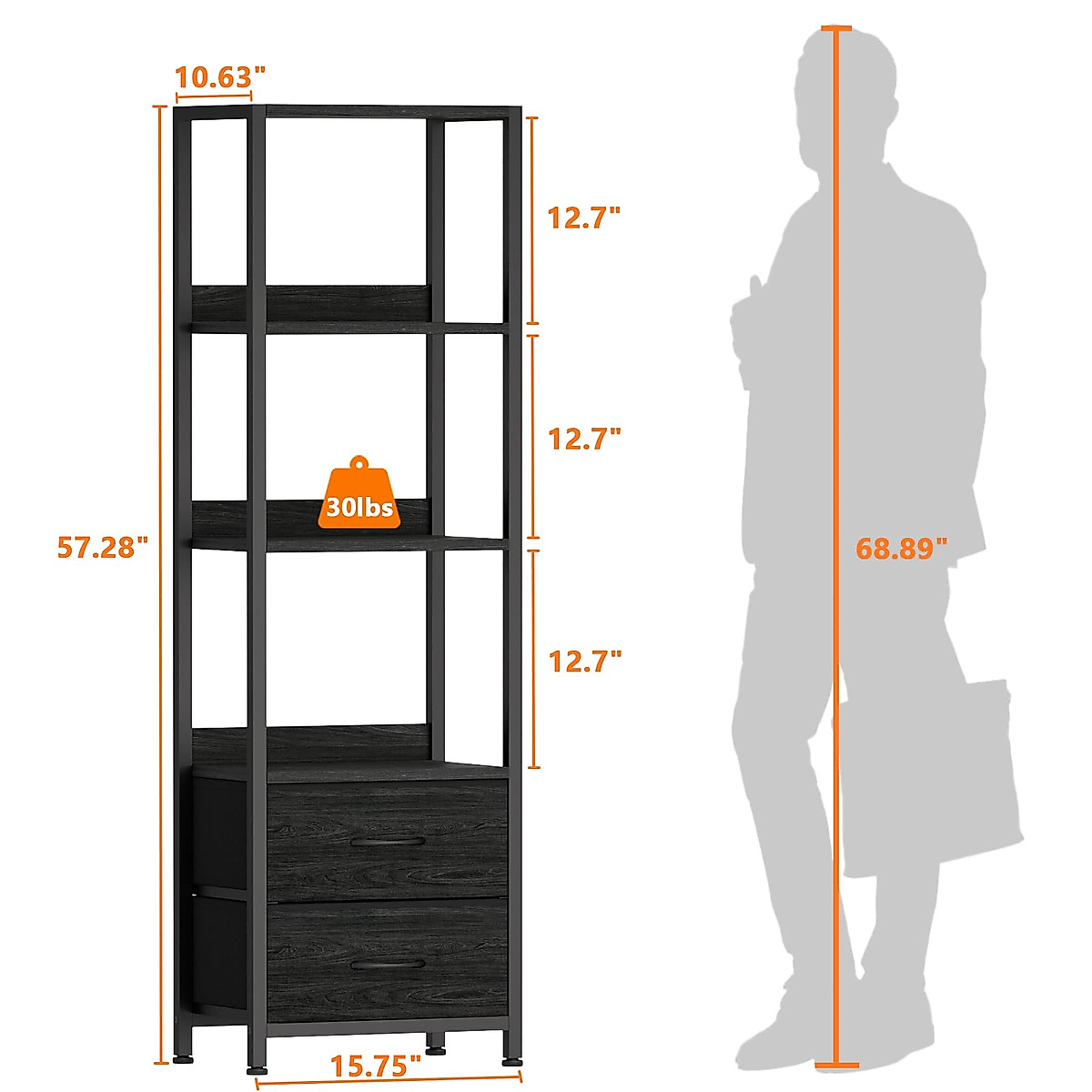 Furnulem 4-Tier Corner Shelf, Bookshelf with 2 Storage Drawers, 57.28”Tall Narrow Bookcase, Standing Shelf Organizer Unit for Living Room, Bedroom, Metal Frame, Wood Display Shelf