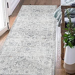 COLLACT Runner Rug 2x6 Area Rug Hallway Vintage Rug Indoor Floor Thin Rug Retro Distressed Grey Multi Carpet Floral Print Mat Country Boho Rug Non Slip Bathroom Kitchen Bedroom Living Room