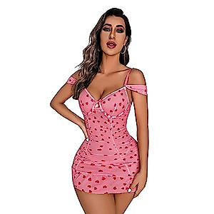 SweatyRocks Women's Heart Print Spaghetti Strap Ruched Mesh Slips Babydoll Lingerie Nightwear Watermelon Pink M
