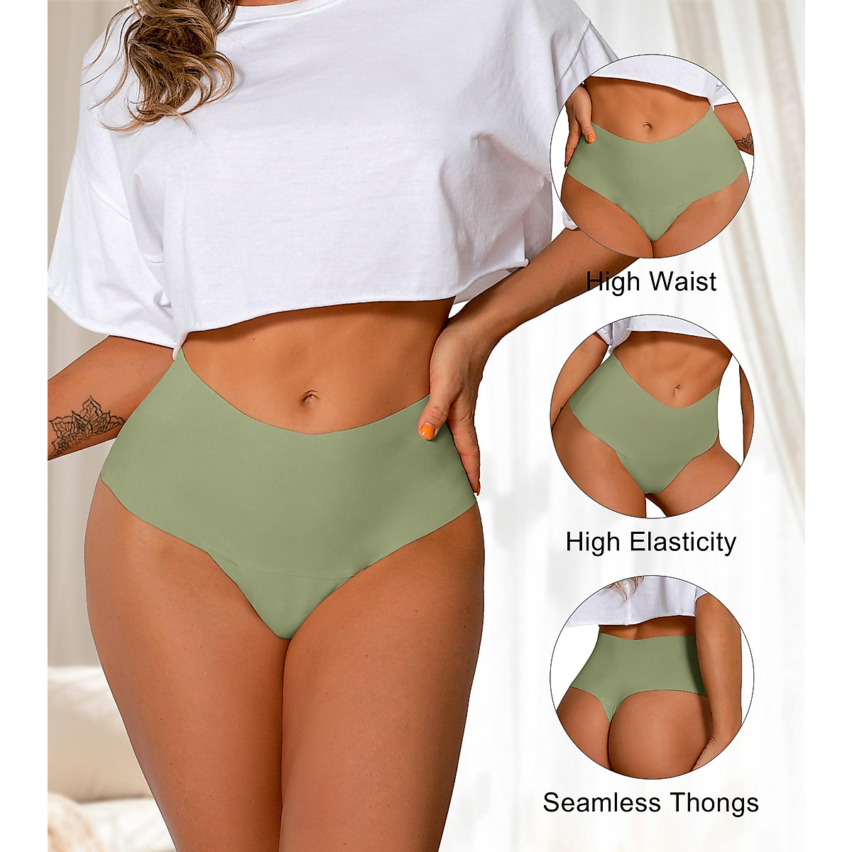 DEANGELMON Womens Thongs High Waisted Seamless Underwear for Women Breathable No Show Panties 4 Pack Medium(4P6)