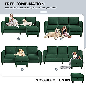 Shintenchi Convertible Sectional Sofa Couch, Modern Linen Fabric L-Shaped, 3-Seat Sofa Sectional with Reversible Chaise for Living Room, Apartment and Small Space (Green)