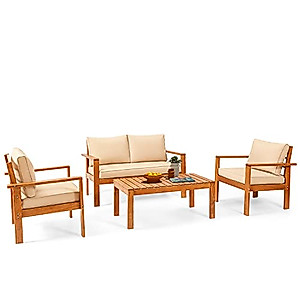 YOLENY 4 Piece Patio Conversation Set, Outdoor Coffee Table with Soft Cushions Chairs, Wood Furniture Set Outdoor Sofa Set for Garden, Poolside, and Backyard