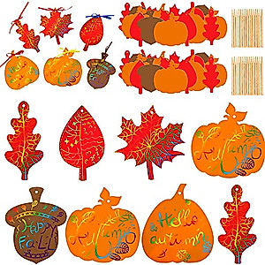 Whaline 60 Pack Fall Harvest Rainbow Scratch Art Set Colorful Scratch Paper Pumpkin Autumn Leaves Acorn Pattern with 60Pcs Ribbons and 15Pcs Wooden Styluses for Thanksgiving Birthday Party Decor