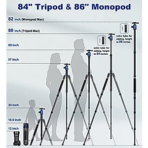 Camera Tripod, 80/84 inches Heavy Duty Tripod for Camera and Phone, 82" Camera Monopod Tripod, DSLR Binoculars Spotting Scope Camcorders Video Tripod Stand, 360 Degree Ball Head, 35 lbs Loads
