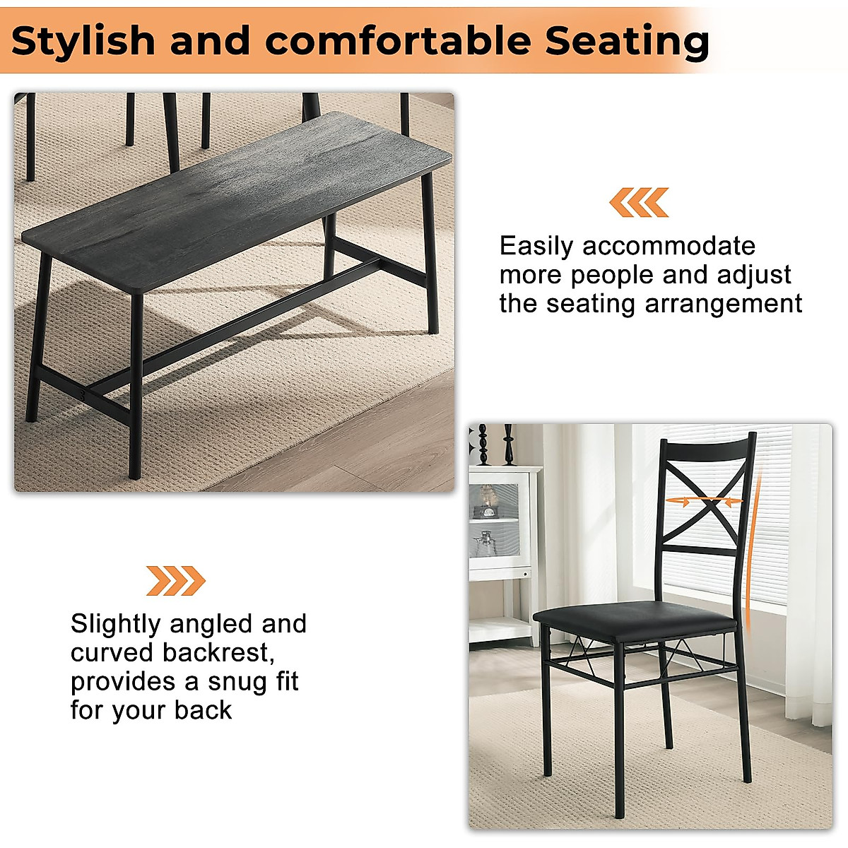 VINGLI 55in Modern Dining Table Set for 6, Rectangular Kitchen Dining Table, Bench, 6 Piece Wooden Dinner Table Set with Upholstered Chairs for Kitchen, Dining Room, Apartment - Dark Grey