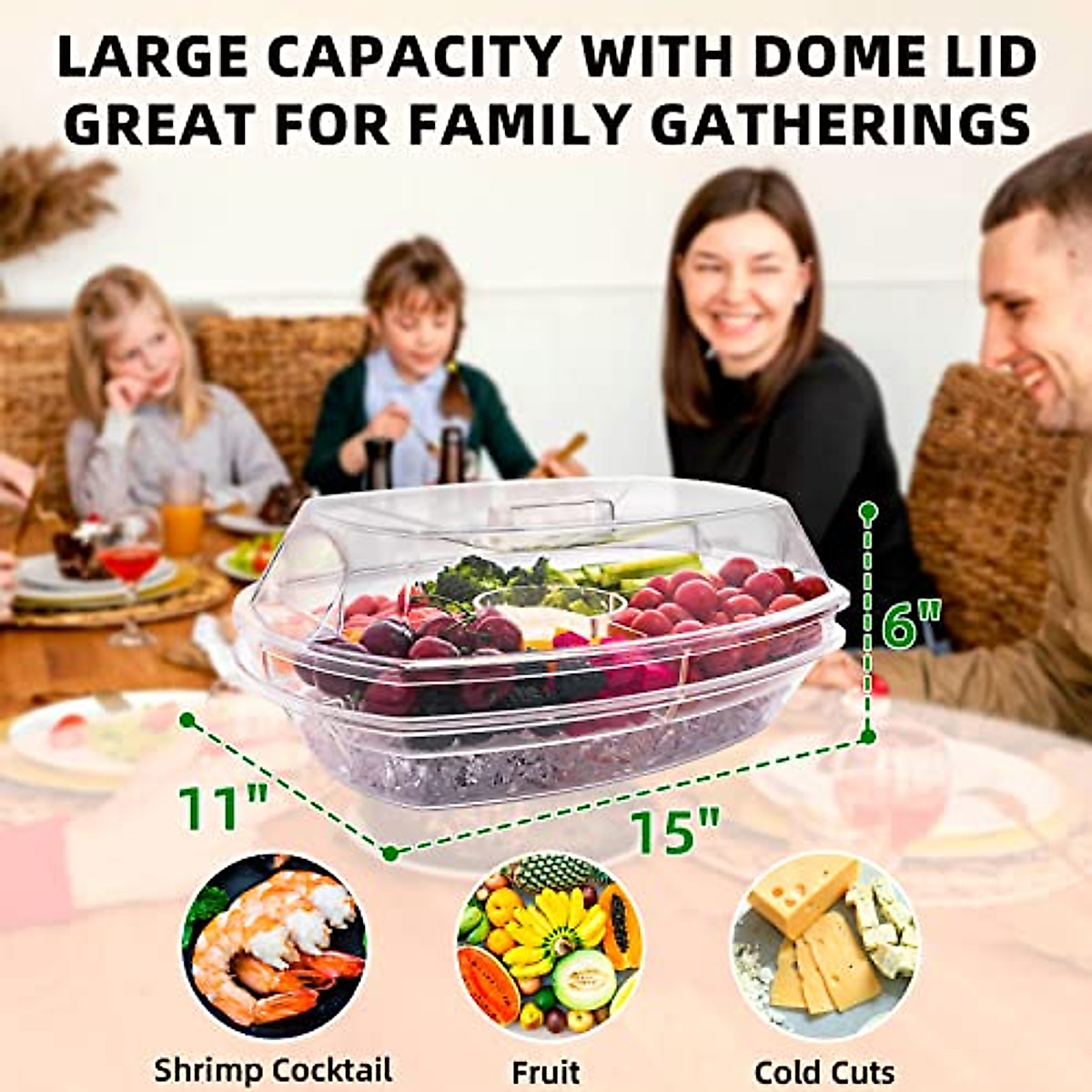 Funyakit Extra Large Appetizer Serving Tray on Ice with Stainless Steel Tongs and Forks, Chilled Platter with Lid, 4 Compartments for Shrimp Cocktail Fruits Veggies Seafood Dips, Cold Dish for Party