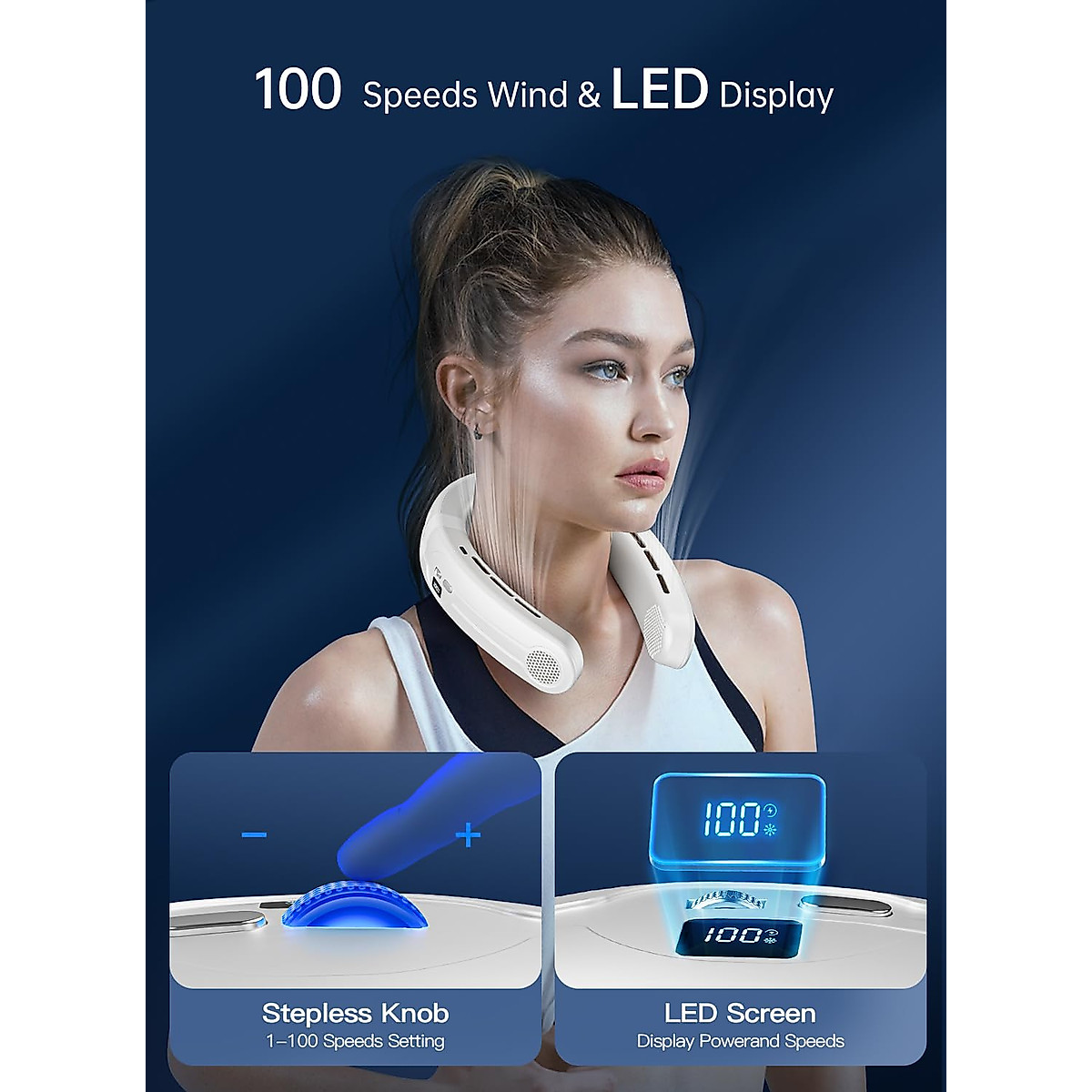 aanotoee Neck Air Conditioner Pro, 100 Speeds Neck Fan Rechargeable, LED Display Cooling Neck Fan, 4000mAh Portable Neck Fan Air Conditioner with 3D Ice Feeling Breathable Neck Brace(White)