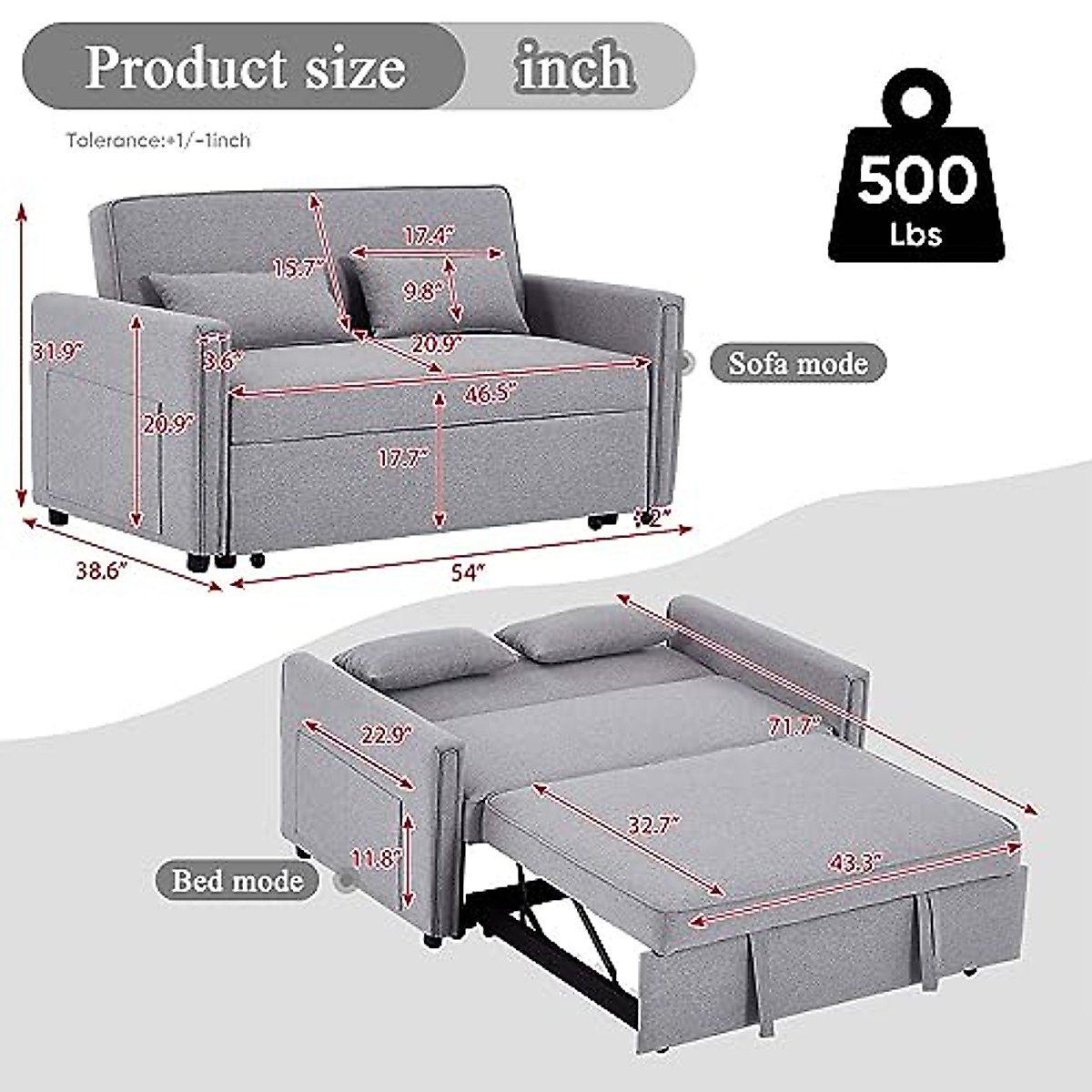 Antetek Sleeper Sofa Couch Bed, 54" Modern Linen 3 in 1 Convertible Loveseat Sleeper with Pullout Bed, Small Love seat Futon Sofa w/Adjustable Backrest for Living Room Bedroom, Light Grey
