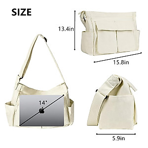 Canvas Messenger Bag Large Hobo Crossbody Bags with Multiple Pockets,School Vintage Shoulder Laptop Bag for Women and Men-White