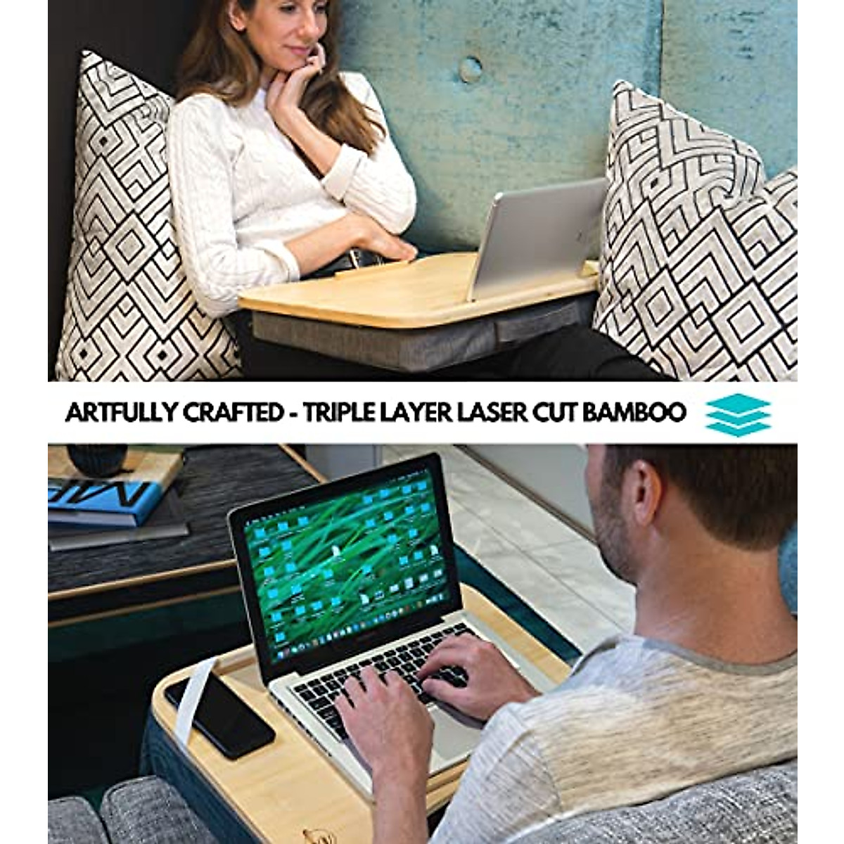 Hultzzzy Bamboo Lap Desk Tray Table for 17" Laptops for Adults with Ipad and Tablet Stand and Foam Pillow for Bed, Couch, and Recliner