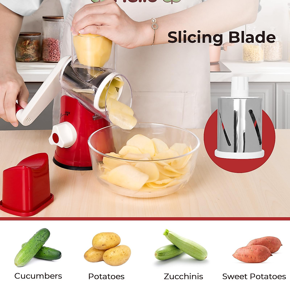 X Home Rotary Cheese Grater for Kitchen, Shredder with 3 Interchangeable Blades, Rotary Grater with Handle and Strong Suction Base, for Vegetables, Fruit, Nuts, Easy to Use and Clean, Red