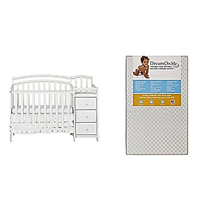 Dream On Me Casco 4 in 1 Mini Crib and Dressing Table Combo with Dream On Me 3 Portable Crib Mattress, White