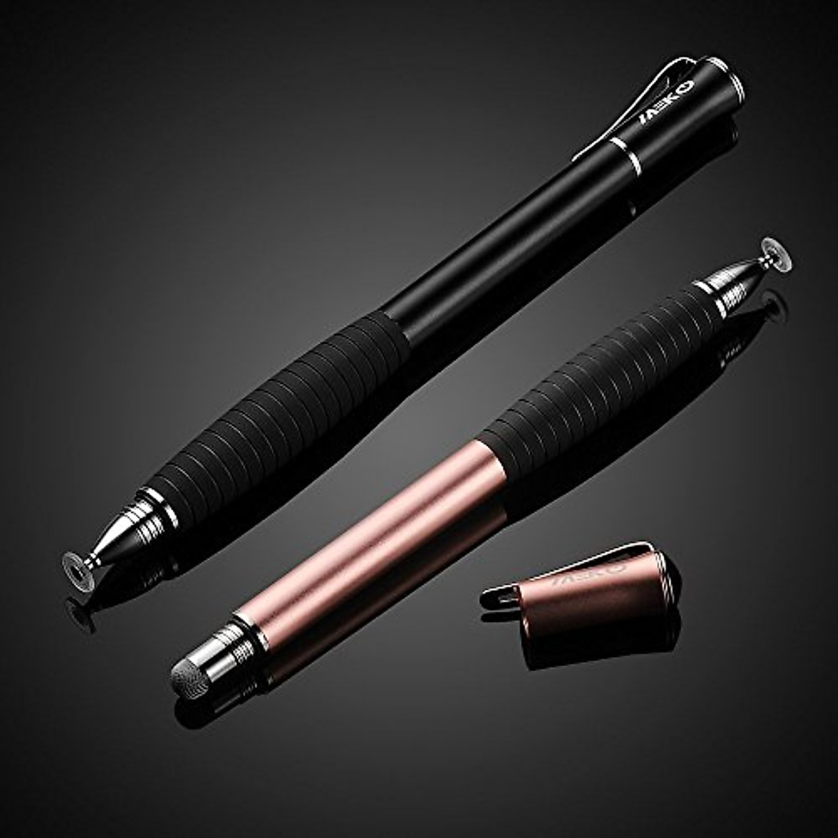 MEKO (2nd Generation) [2 in 1 Precision Series] Disc Stylus Pen for iPhone, iPad Pro/Mini/Air, Samsung Galaxy and All Touch Screen Devices Bundle with 6 Replacement Tips,Pack of 2(Black/Rose Gold)