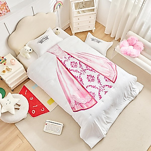 Girls Bed Comforter Set Twin Size 3PC Pink and White Princess Bedding Set with Cute Luxurious Dress Pattern on Comforter and Princess Crown Print on Pillow Shams