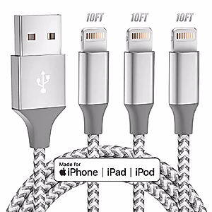 iPhone Charger [Apple MFi Certified] 3pack 10FT Long Lightning Cable Fast Charging High Speed Data Sync USB Cable Compatible iPhone 13/12/11 Pro Max/XS MAX/XR/XS/X/8/7/Plus/6S (Grey White)