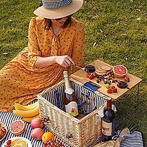 Wicker Picnic Basket for 2 Persons Picnic Kit, Willow Hamper Service Gift Set with Bamboo Wine Table for Camping and Outdoor Party