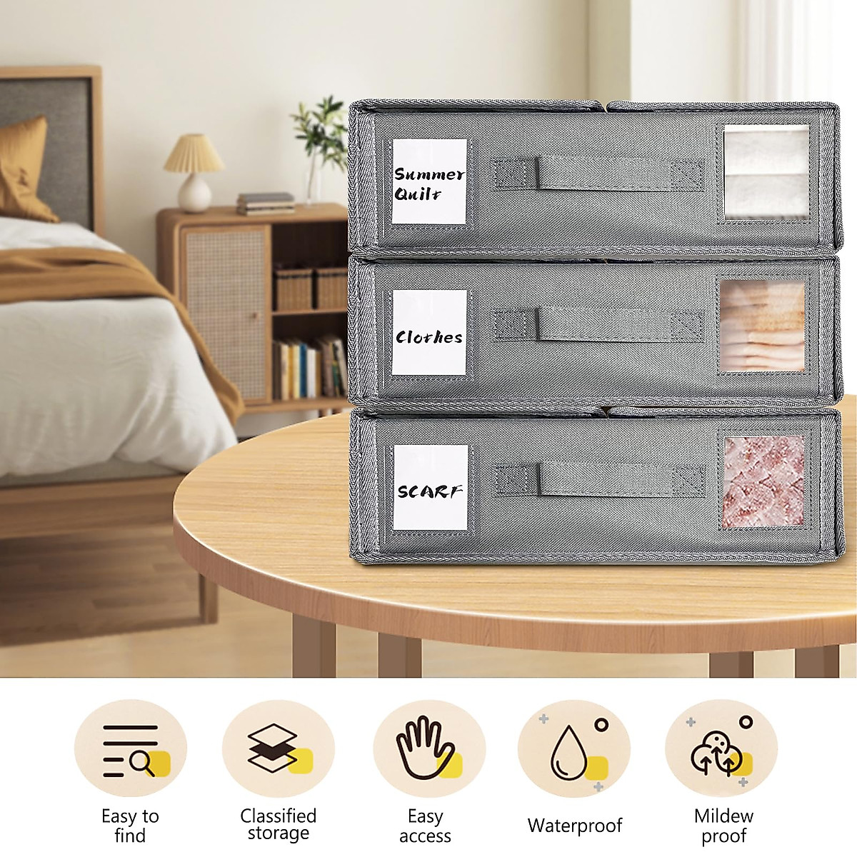 Generic Flavenly Bed Sheet Organizer, Collapsible Sheet Organizer with Viewable Window Large Capacity Organizer. Suitable for Blankets, Comforter Sets, Duvets and Towels and Clothes. (3（Beige)