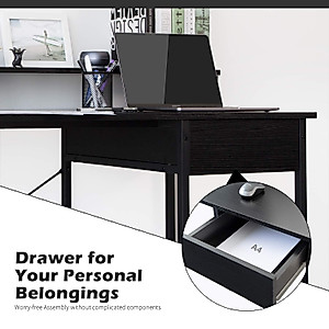 OUTFINE Desk Computer Desk Office Desk with Wodden Drawer, Monitor Stand and Storage Shelves