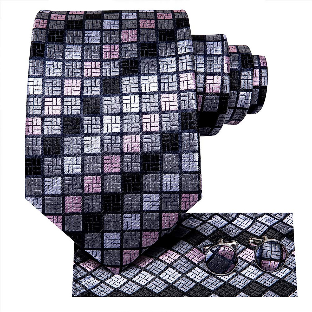 Hi-Tie Mens Plaid Ties Classic Paisley Necktie with Handkerchief Cufflinks Set Business Stripe Tie,Grey Pink