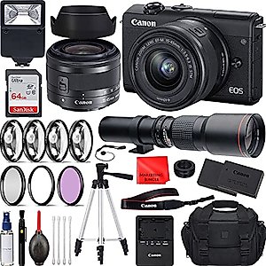 M200 Mirrorless Digital Camera with 15-45mm Lens (Black) vlogging Bundle, 500mm f/8.0 Preset Manual Focus Lens, Travel Kit with Accessories (Extra Battery, Digital Flash, 64Gb Memory +More)