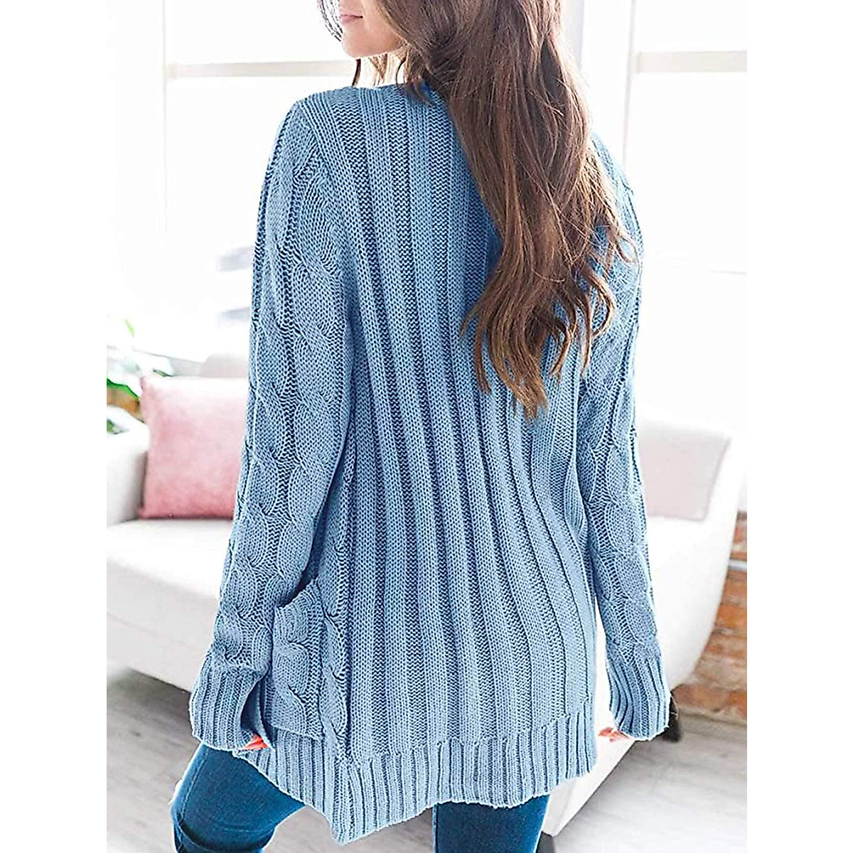 PRETTYGARDEN Women's Open Front Cardigan Sweaters Fashion Button Down Cable Knit Chunky Outwear Coats (Blue,Small)