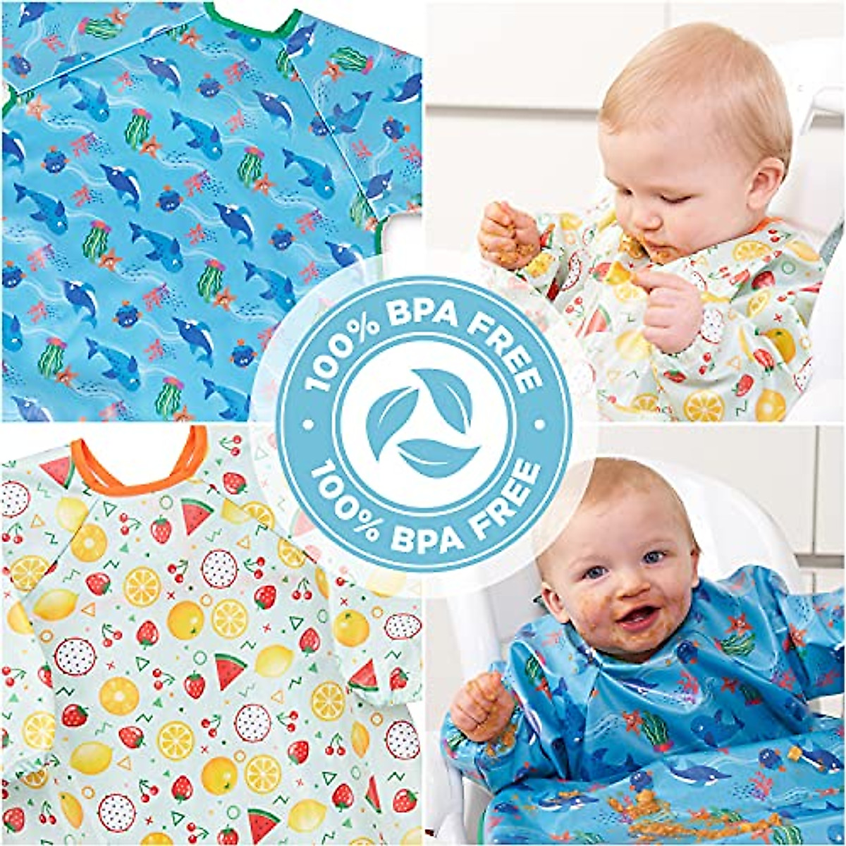 ShiShu Creations Weaning Bib Feeding Bib, Long Sleeve Bib, Ideal for Baby Led Weaning (BLW), Waterproof & Stain Resistant (Twin)