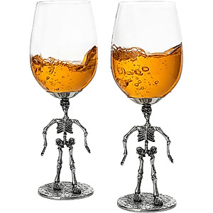 The Wine Savant Stemmed Skeleton Wine Glass Set of 2 12oz Skeleton Glasses 10" H, Goth Gifts, Skeleton Gifts, Skeleton Decor, Spooky Wine Gift Set, Perfect for Themed Parties!