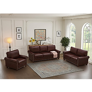 3 Piece Faux Leather Sofa Set,Mid Century Modern Couch and Loveseat Sets with Storage,Comfy Deep Seat Sofa with Nailhead Trim & Rolled Arm for Living Room,Office(Armchair+Loveseat+3 Seater,Burgundy)