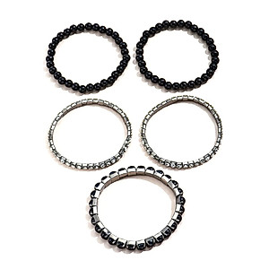 COLORFUL BLING 5-6Pcs Imitation Pearl Stretch Bracelet Set for Women Gold Beaded Flat Strand Stackable Crystal Rhinestone Layered Bracelet for Women Jewelry-5pcs black crystal