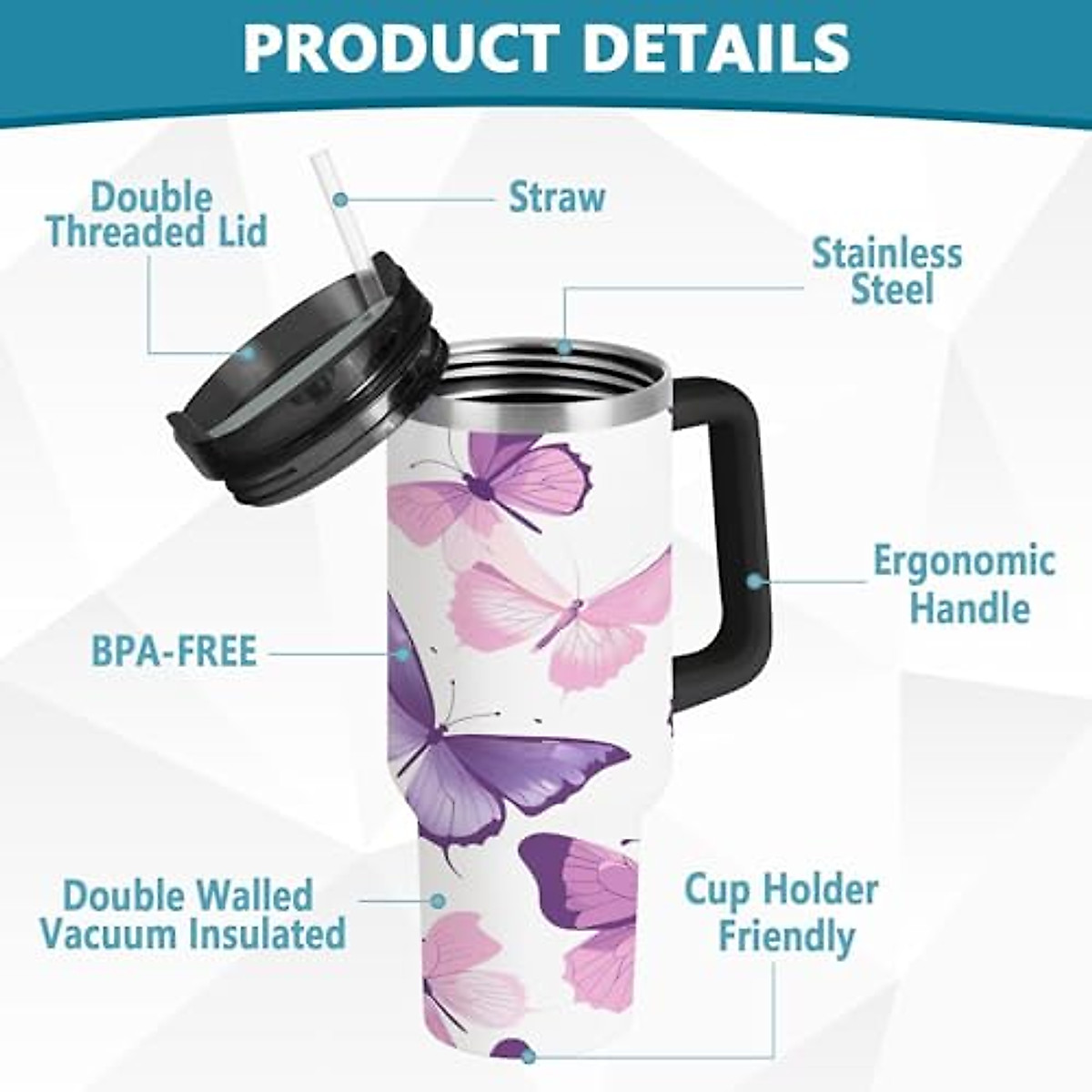 FRCSDIY Butterfly Insulated Tumbler with Handle and Straw Lid,40oz Leakproof Stainless Steel Cup BPA-Free Water Bottle
