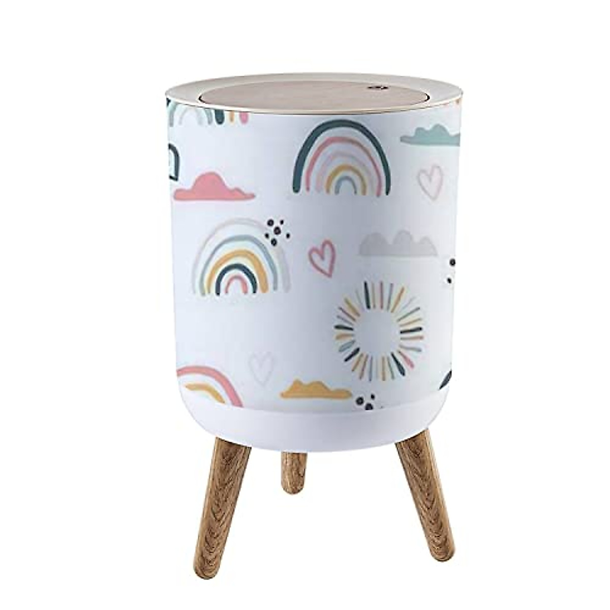 Small Trash Can with Lid Seamless with Hand Drawn Rainbows and Sun Trendy Baby Texture for Wood Legs Press Cover Garbage Bin Round Waste Bin Wastebasket for Kitchen Bathroom Office 7L/1.8 Gallon