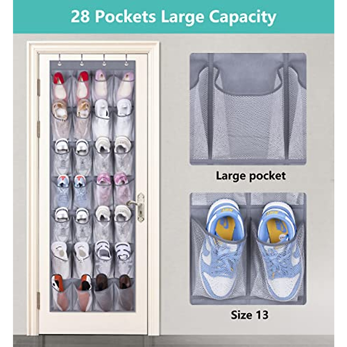 MISSLO 2 Pack 28 Large Pockets Hanging Shoe Rack Door Shoe Organizer Hanging Shoe Storage Hanger for Closet Mesh Holder, Grey, White