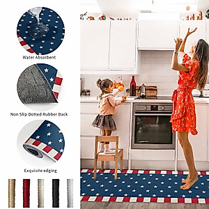 July 4th Kitchen Rugs Sets 2 Pcs Floor Mats Independence Day USA Flag Stars Stripe Red White and Blue Doormat Non-Slip Rubber Backing Area Rugs Carpet Inside Door Mat Pad Sets-16"x 24"+16"x47"