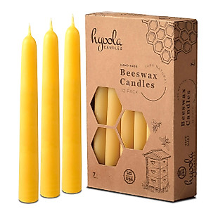 Hyoola 7 Inch Beeswax Taper Candles 12 Pack - Handmade, All Natural, 100% Pure Unscented Bee Wax Candle - Tall, Decorative, Golden Yellow - 7 Hour Burn Time