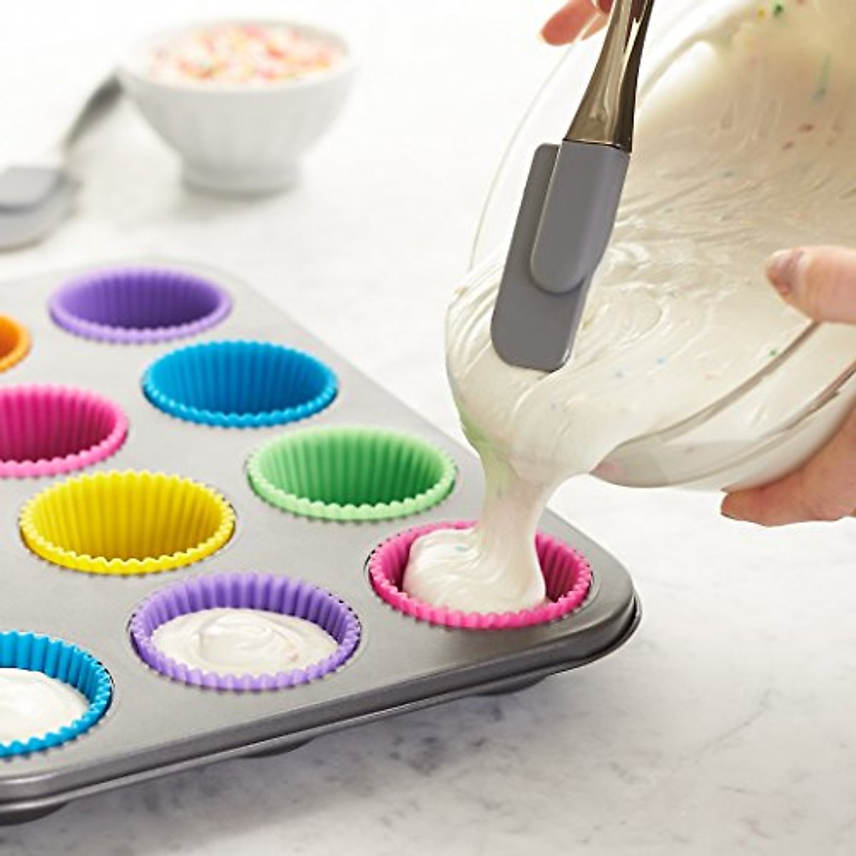 Amazon Basics Reusable Silicone Baking Cups, Muffin Liners - Pack of 12, Multicolor