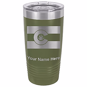LaserGram 20oz Vacuum Insulated Tumbler Mug, Flag of Colorado With Marijuana Leaf, Personalized Engraving Included (Camo Green)