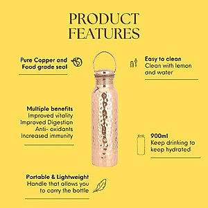 Shakti Warrior Hammered Tamba Copper Bottle - Pure Copper Water Bottle, Food Grade Silicone Seal, Leak Proof (30oz)