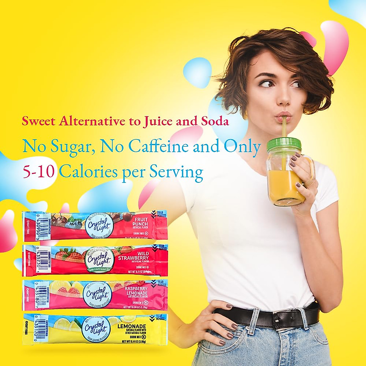 Doomi Crystal Light Lemonade, Fruit Punch, Raspberry Lemonade & Wild Strawberry Sugar-Free Powdered Drink Mix Variety Pack, 60 Count With 25 Straws, Fits 16.9 oz Bottles