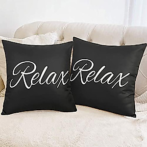 Pyonic Relax Outdooor Waterproof Throw Pillow Covers 18x18 Inch,Square Decorative Garden Cushion with Quotes & Sayings for Patiotent Couch Pack of 2,Black