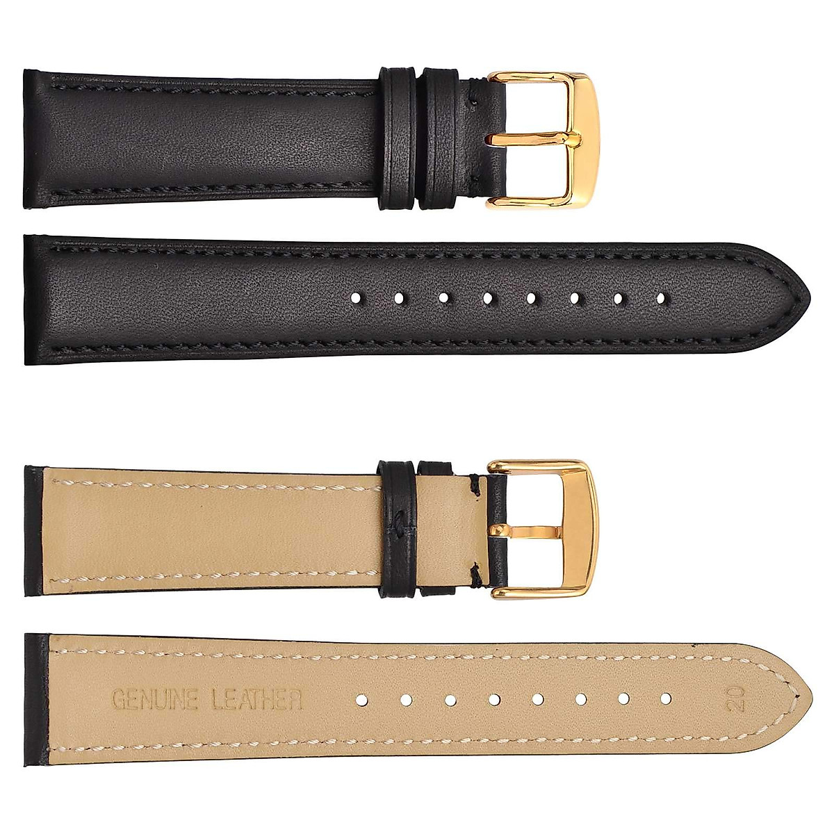 WOCCI 20mm Vintage Leather Watch Band for Men and Women, Gold Buckle (Black)