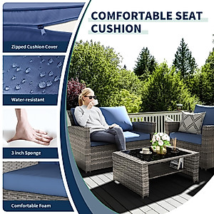 VONZOY 4 Pieces Patio Furniture Set, Wicker Outdoor Sectional Sofa Couch Set, Grey PE Rattan Patio Conversation Sets for Balcony, Porch, Blue