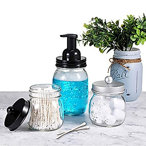 Mason Jars,Bathroom Apothecary Jars, Farmhouse Decor,Bathroom Vanity Storage Organizer Holder Glass for Qtips,Cotton Swabs,Rounds,Bath Salts,Cotton Ball - Rust Proof Stainless Steel Lid/Black