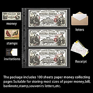 100 Sheets Currency Pages for Paper Money Collection - 3 Pockets Currency Sleeves/Currency Holder Collecting Album Pages for Paper Money Bill Banknote Coupon IN02100