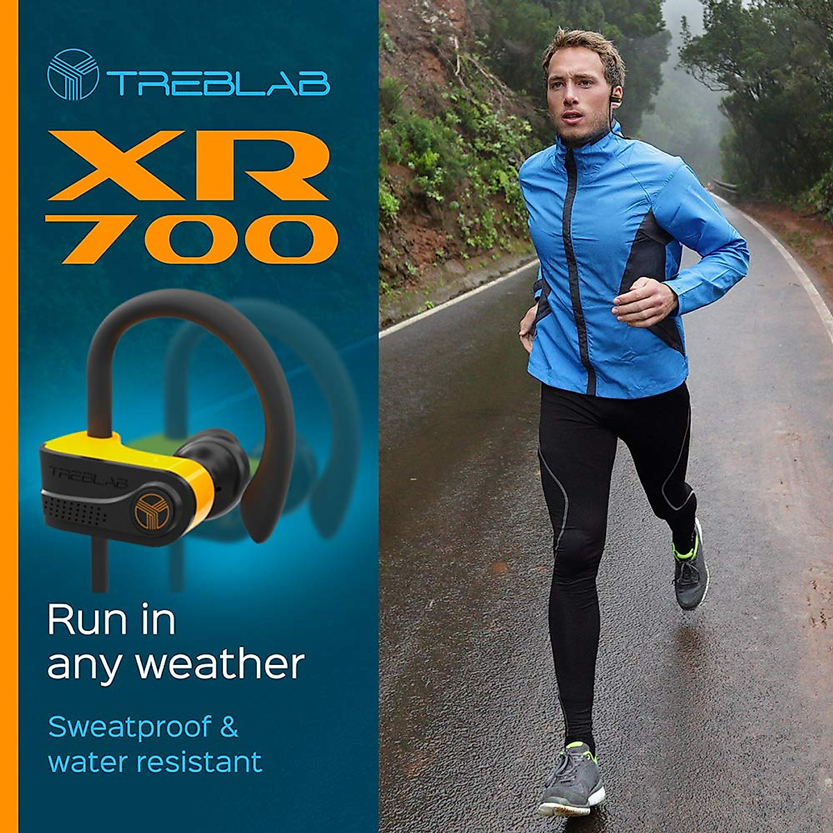 TREBLAB XR700 Wireless Sports Earbuds, Bluetooth 5.0, IPX7 Waterproof, Sweatproof, Custom Adjustable Earhooks, Noise Cancelling, in-Ear Headset
